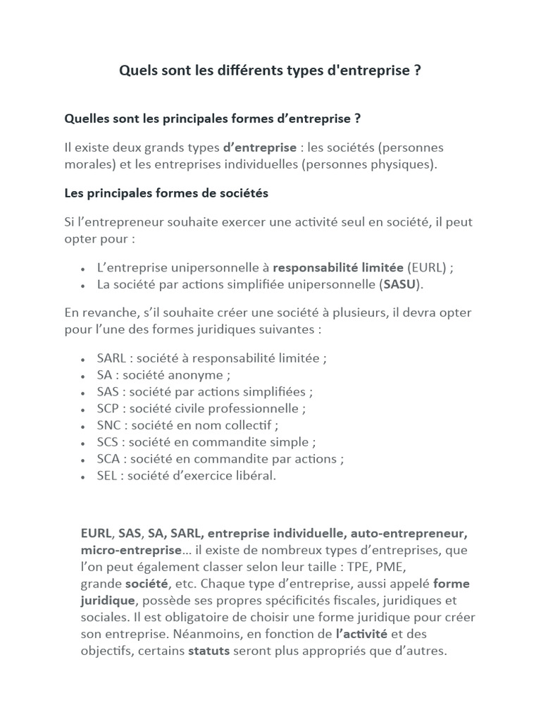 Types et formes d'entreprises expliqués | PDF | Entreprise individuelle ...