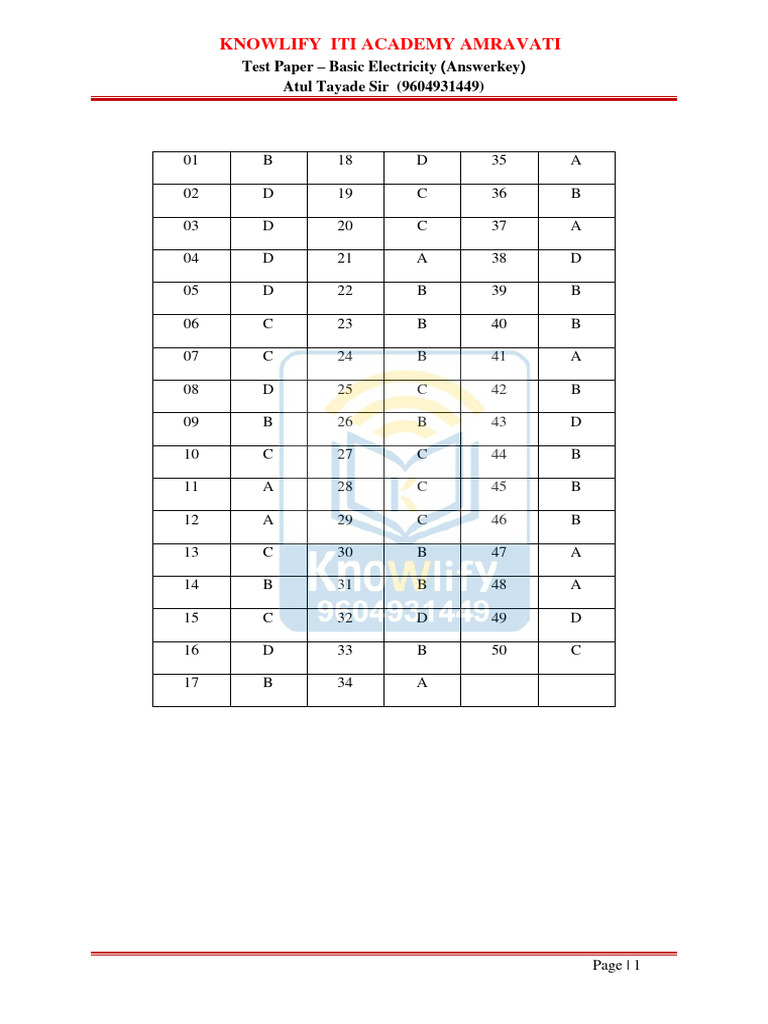 01 Basic Electricity BP-1 Answerkey | PDF