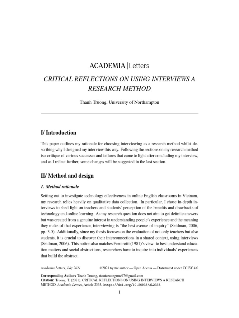 Critical Reflections On Using Interviews | PDF | Interview | Qualitative Research