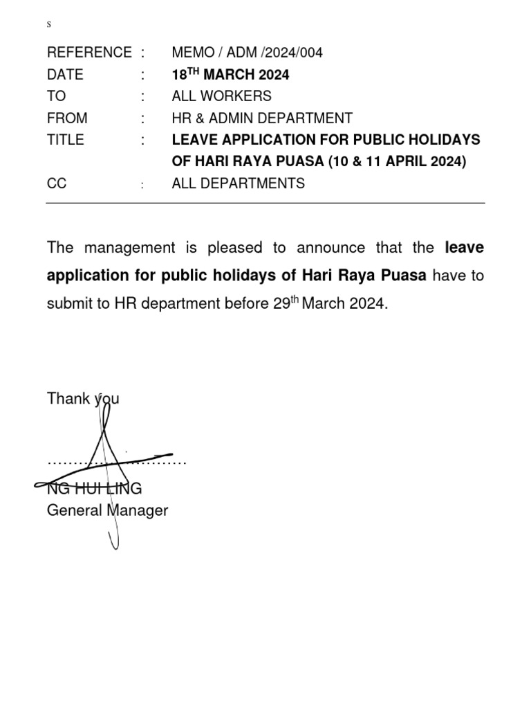 Memo of Leave Appliaction For Public Holiday of Hari Raya Puasa 10 & 11 ...