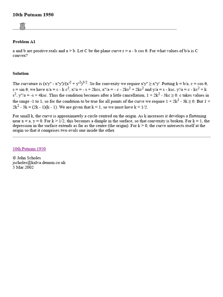 10th Putnam Exam 1950 Solutions | PDF | Euclidean Geometry | Geometric ...