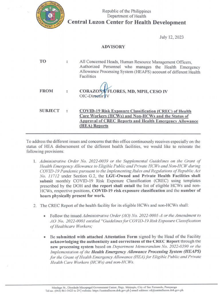 Advisory - CREC of HCWs and non-HCWs and Status of Approval | PDF