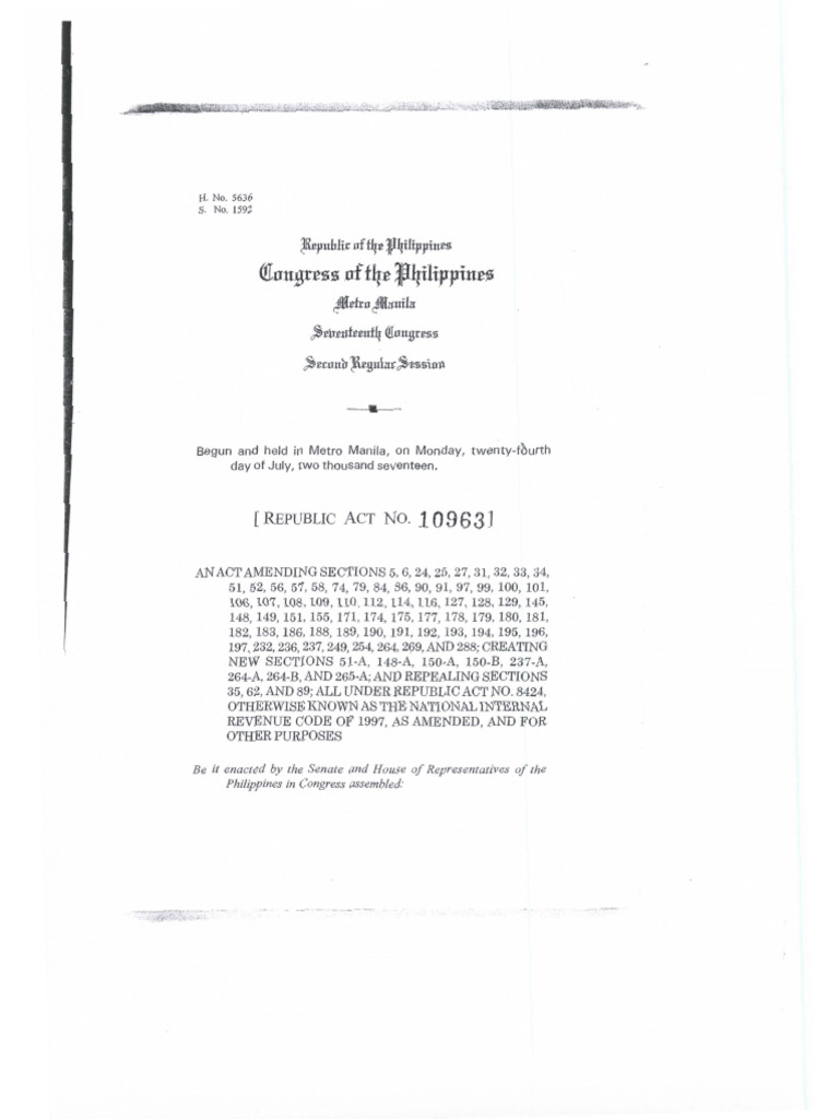RA No. 10963 - Tax Reform For Acceleration and Inclusion (TRAIN Law) | Download Free PDF ...