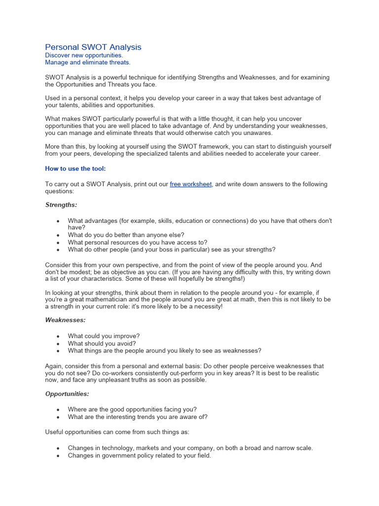 Personal SWOT Analysis | PDF | Swot Analysis | Behavioural Sciences