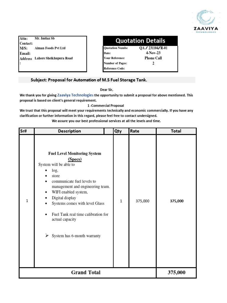 Proposal For MS Fuel Tank Automation AFPL | PDF | Prices | Business