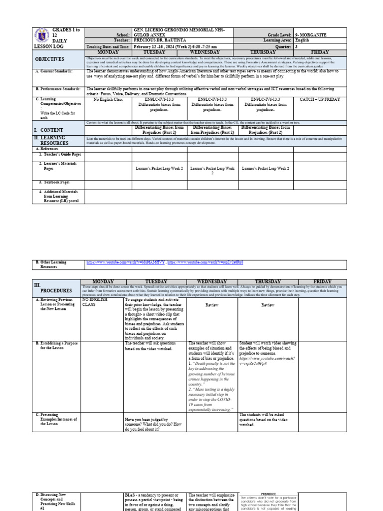 English 9 DLL Q3 Week 2 | PDF | Bias | Learning