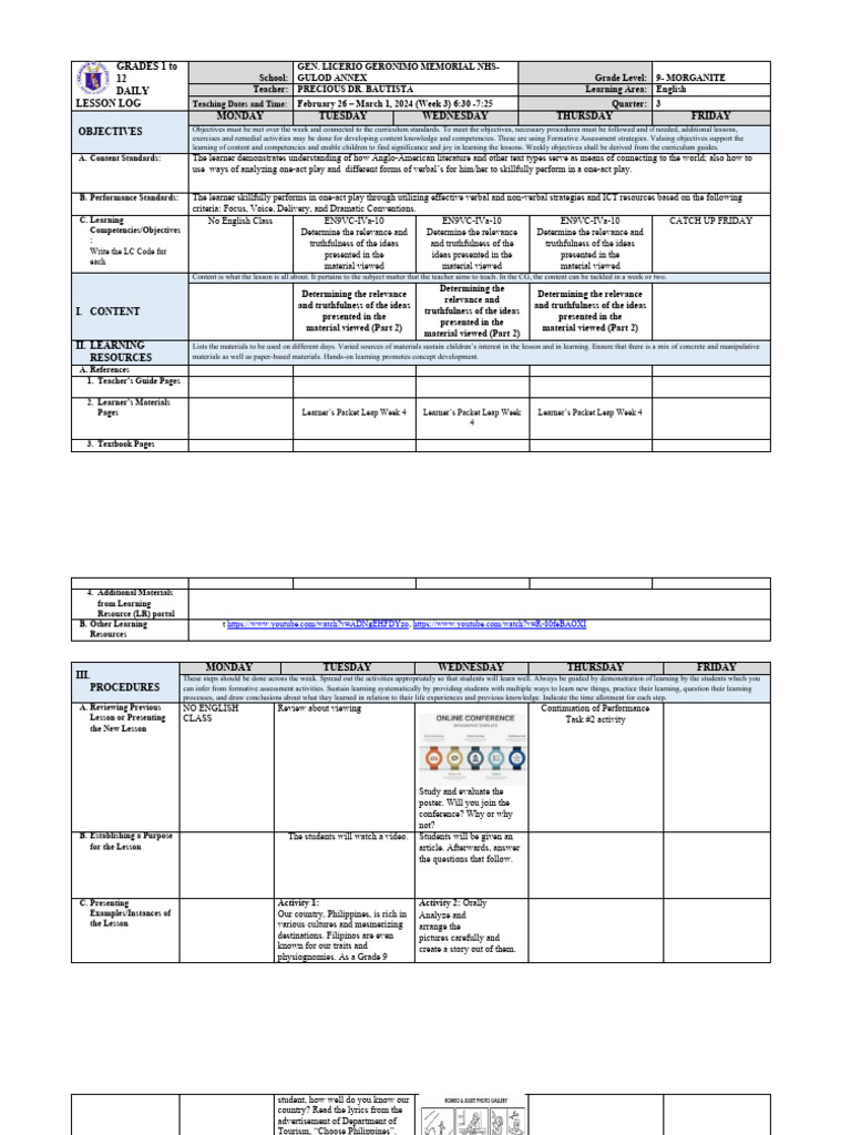 English 9 DLL Q3 Week 4 | PDF | Learning | Teachers