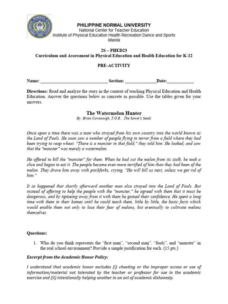 Pre-Activity-Work-sheet | PDF | Academic Dishonesty | Physical Education