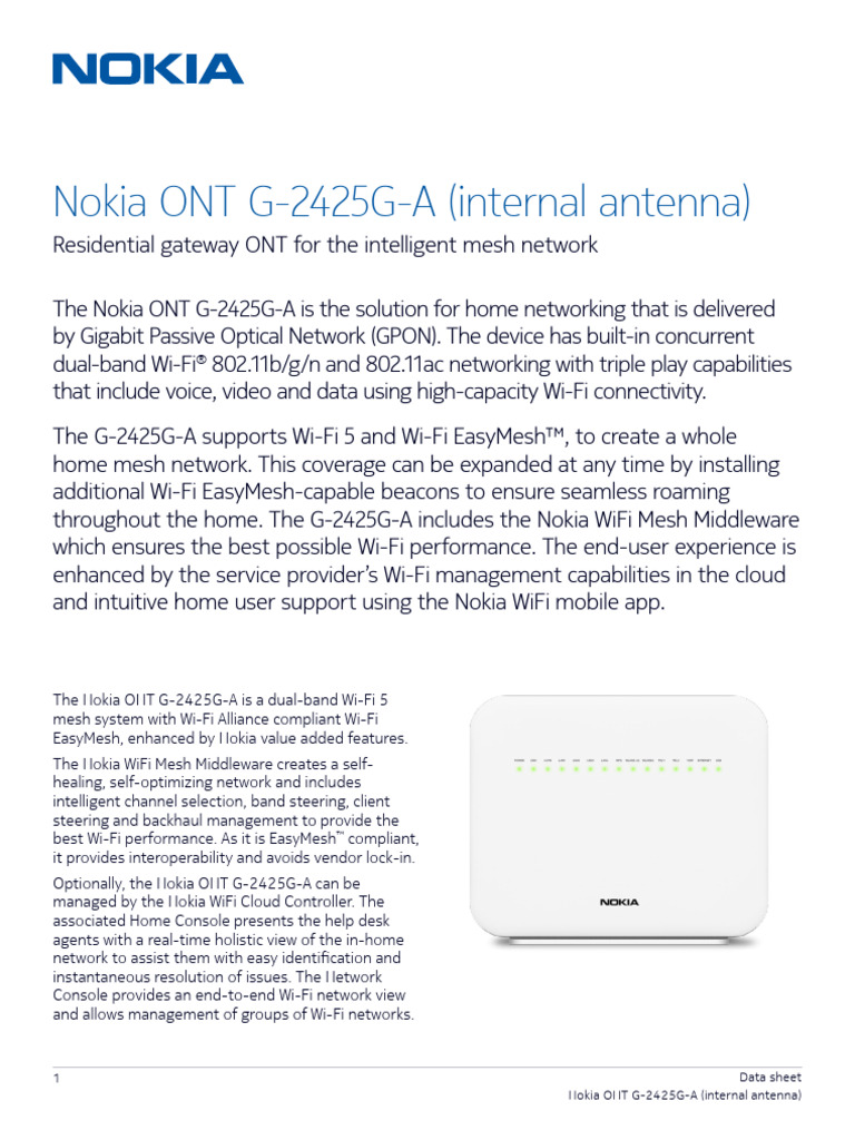 2425G A Nokia ONT Gateway 1 1 Internal Antenna Data Sheet EN | PDF | Wi Fi | Computer Network