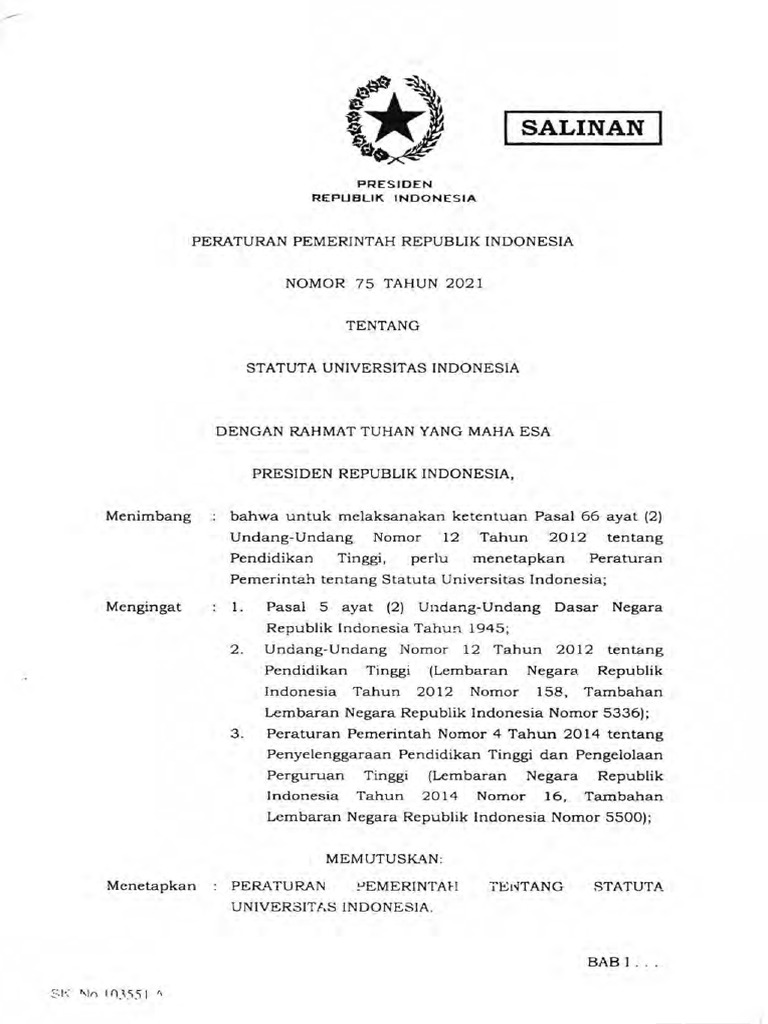Salinan PP Nomor 75 Tahun 2021 Tentang Statuta UI Small | PDF