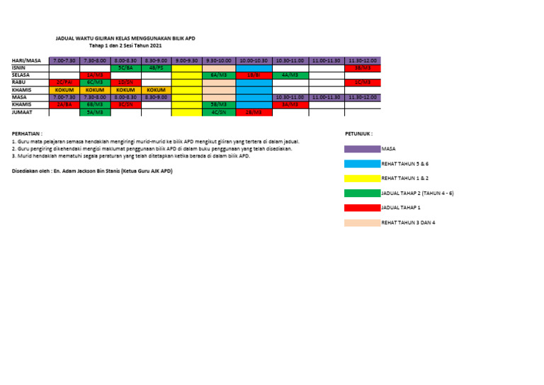 Jadual Giliran Kelas Menggunakan Bilik APD | PDF