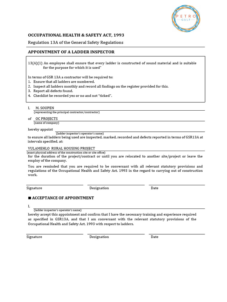 Ladder Inspector Appointment Letter | PDF | Technology & Engineering