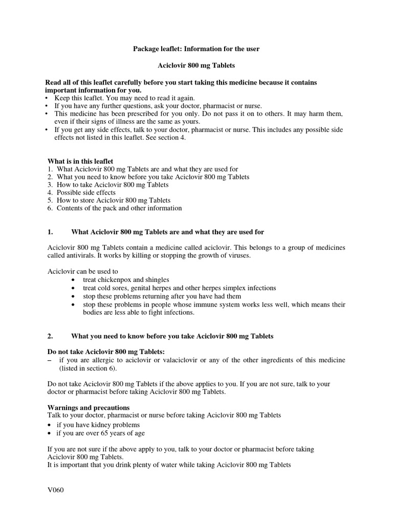 Aciclovir 800 mg Tablets Leaflet | PDF | Clinical Medicine | Medical ...