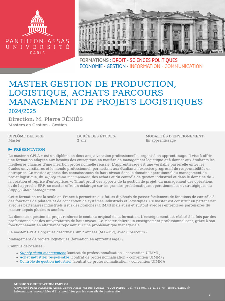 Master Gestion de Production, Logistique, Achats Parcours Management de Projets Logistiques | PDF