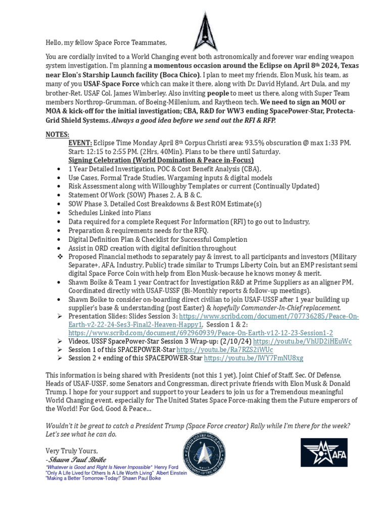 LTR April 8th Signing Starbase USSF Invites | PDF | Science ...