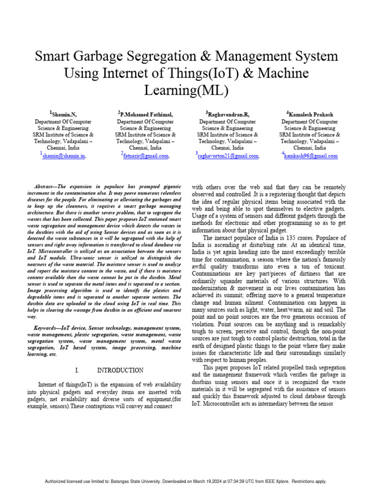 Smart Garbage Segregation Amp Management System Using Internet Of Thingsiot Amp Machine