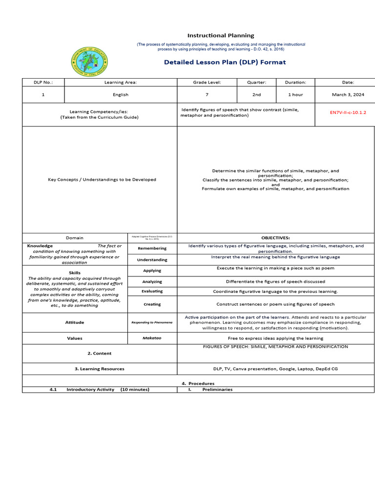 Detailed Lesson Plan (DLP) Format: Instructional Planning | PDF ...
