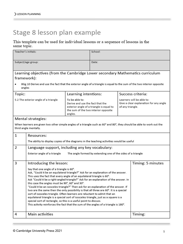 Ls Maths8 2ed TR Lesson Plan Sample 1 | PDF | Triangle | Angle
