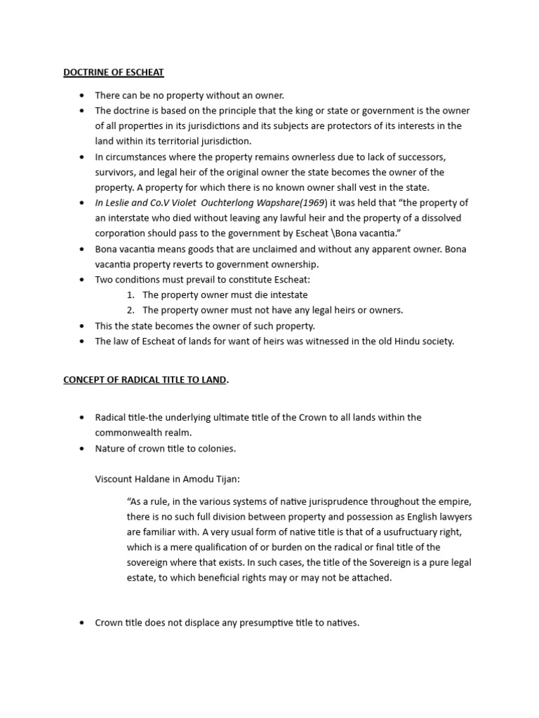 DOCTRINE OF ESCHEAT, Radical Title, Allodial Title | PDF | Real ...