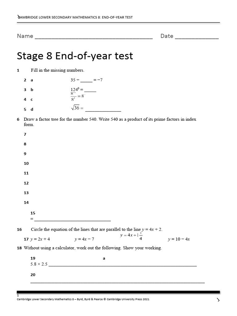 Year 8 Maths End-of-Year Test | PDF | Area | Mathematics
