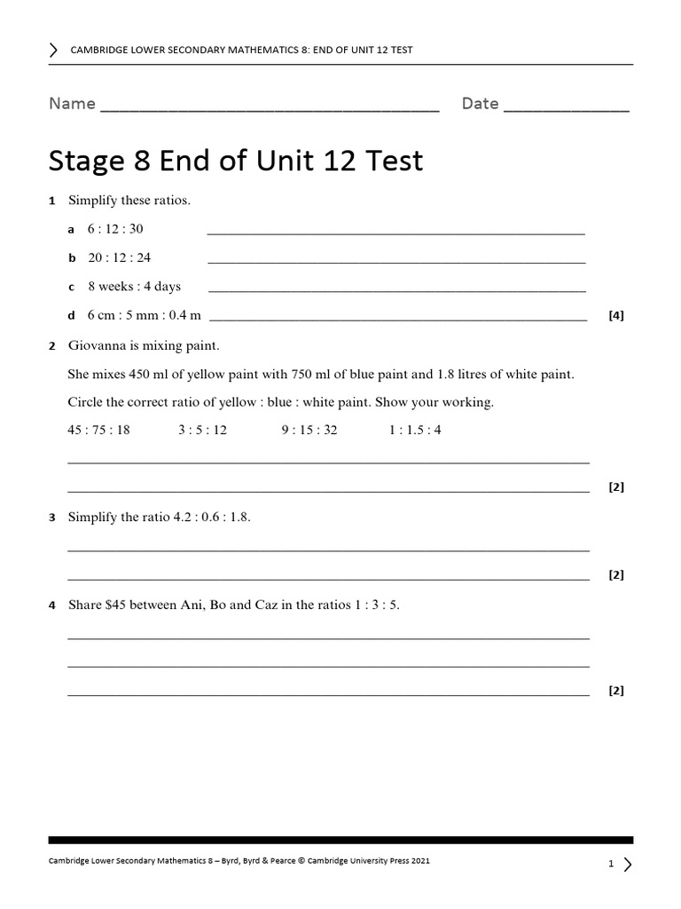 Stage 8 Unit 12 Ratio Test | PDF | Ratio | Juice