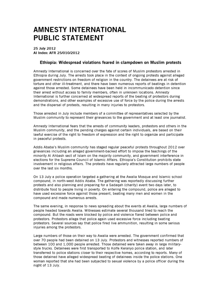Amnesty Public Statements Gov't Cruck Down On Ethiopian Muslims ...