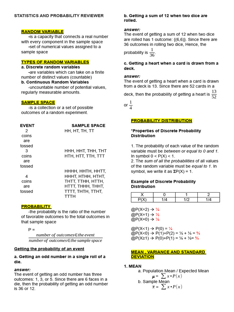 Statistics and Probability Q3 Reviewer | PDF | Probability Distribution | Random Variable