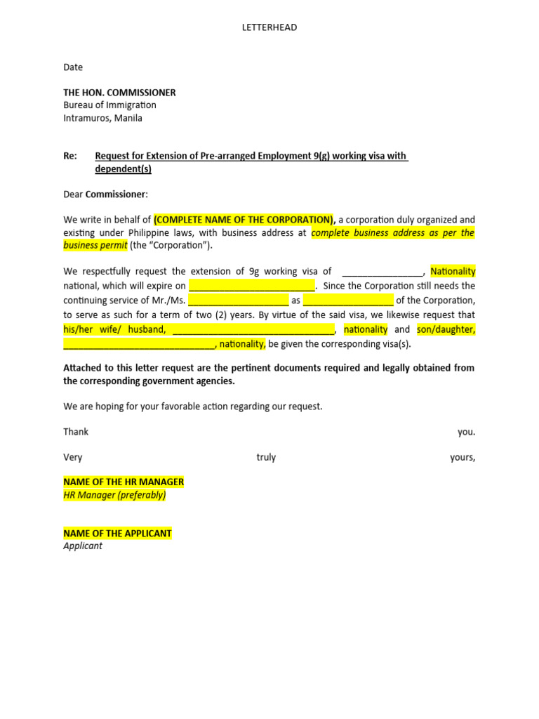 9g Extension Letter Request Template With Dep | PDF