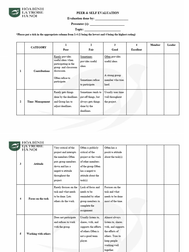 Rubrics PEER EVALUATION | PDF | Social Psychology | Psychology