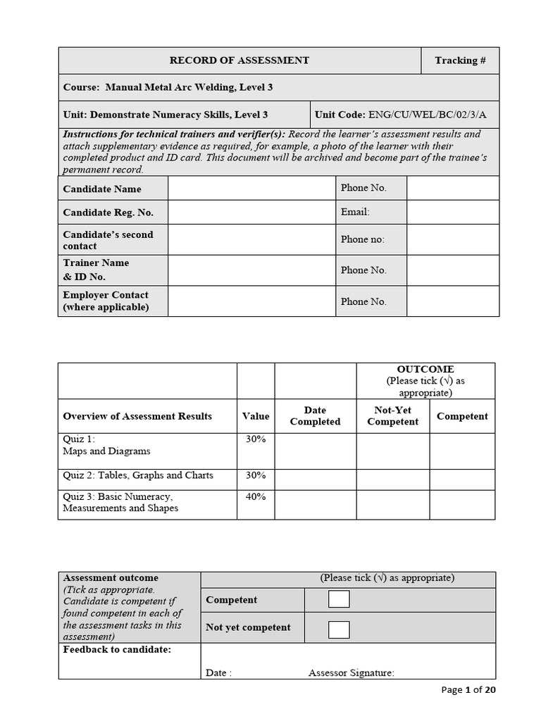 Numeracy Level 3-Record of Assessment-Welding | PDF