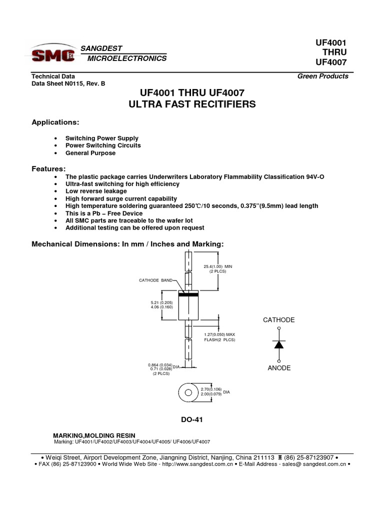 UF4007 Datasheet | PDF | Rectifier | Capacitor
