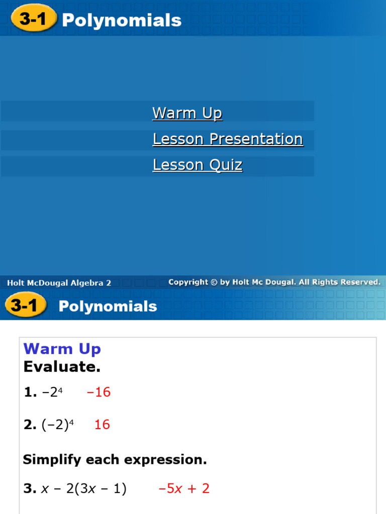 Warm Up Lesson Presentation Lesson Quiz: Holt Mcdougal Algebra 2 Holt ...