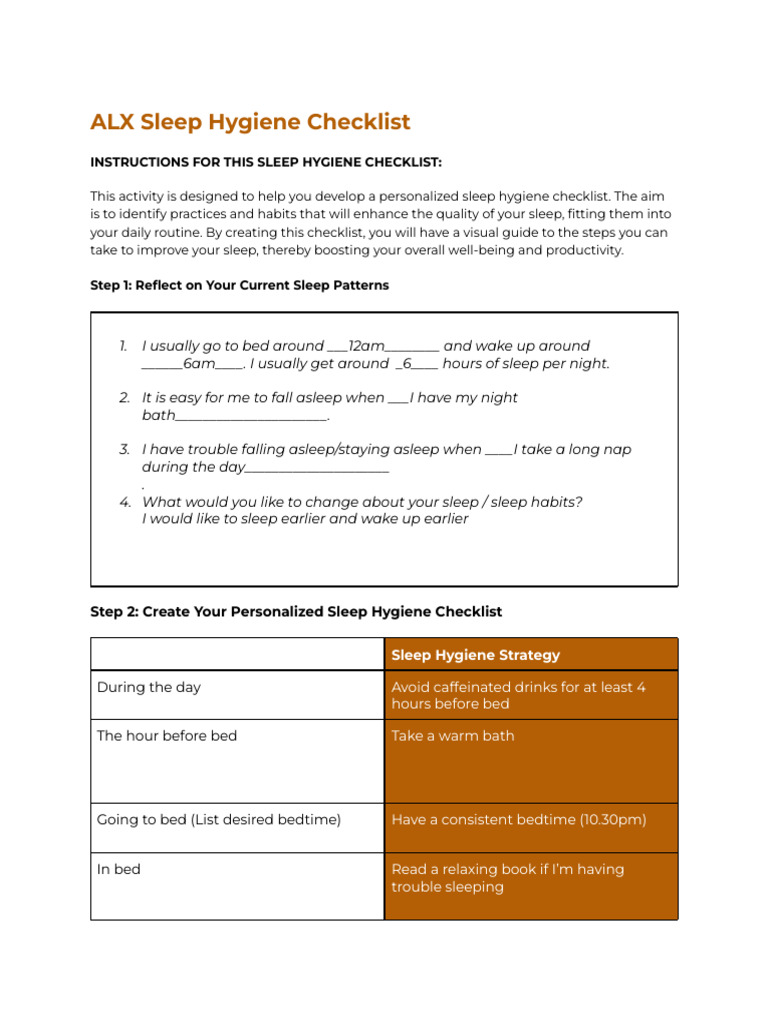 ALX Sleep Hygiene Checklist | PDF | Self-Improvement | Wellness