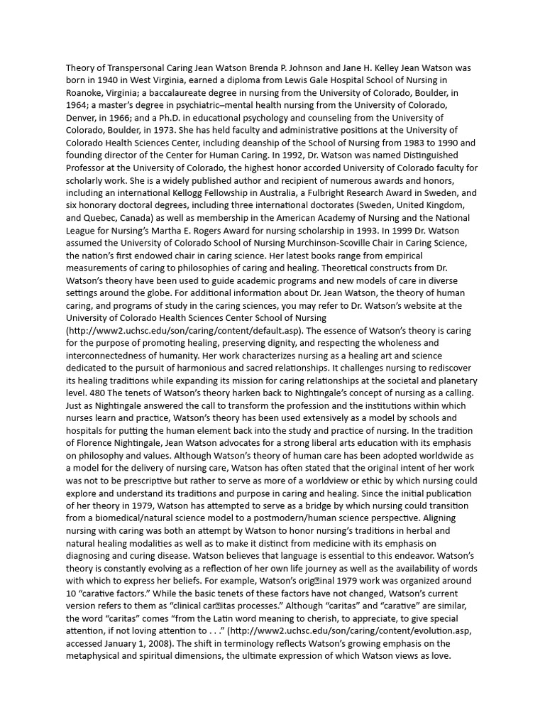 Watson, Jean. Theory of transpersonal caring. J. George, J.(Ed ...