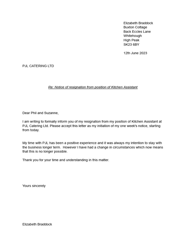 Liz Braddock Resignation Letter PJL Catering | PDF