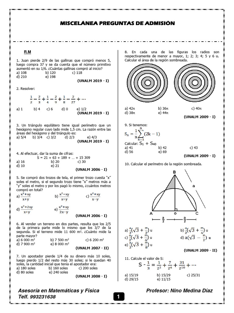 MISCELÁNEA ADMISIÓN UNALM ARITMÉTICA RM NINO | PDF | Matemáticas
