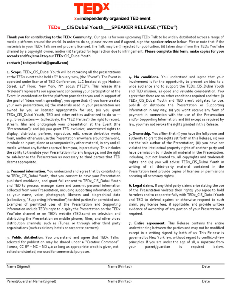 TEDx_Speaker_Release | PDF | License | Business Law