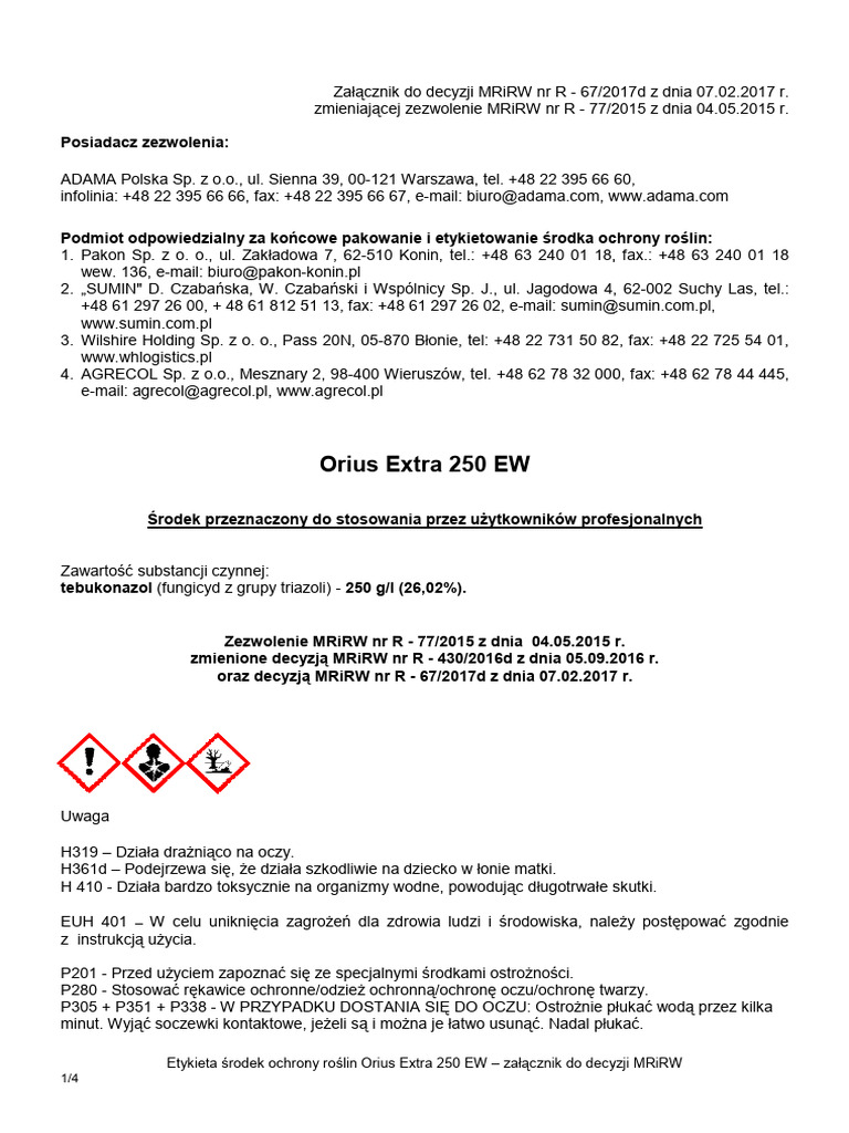 Orius Extra 250 EW | PDF