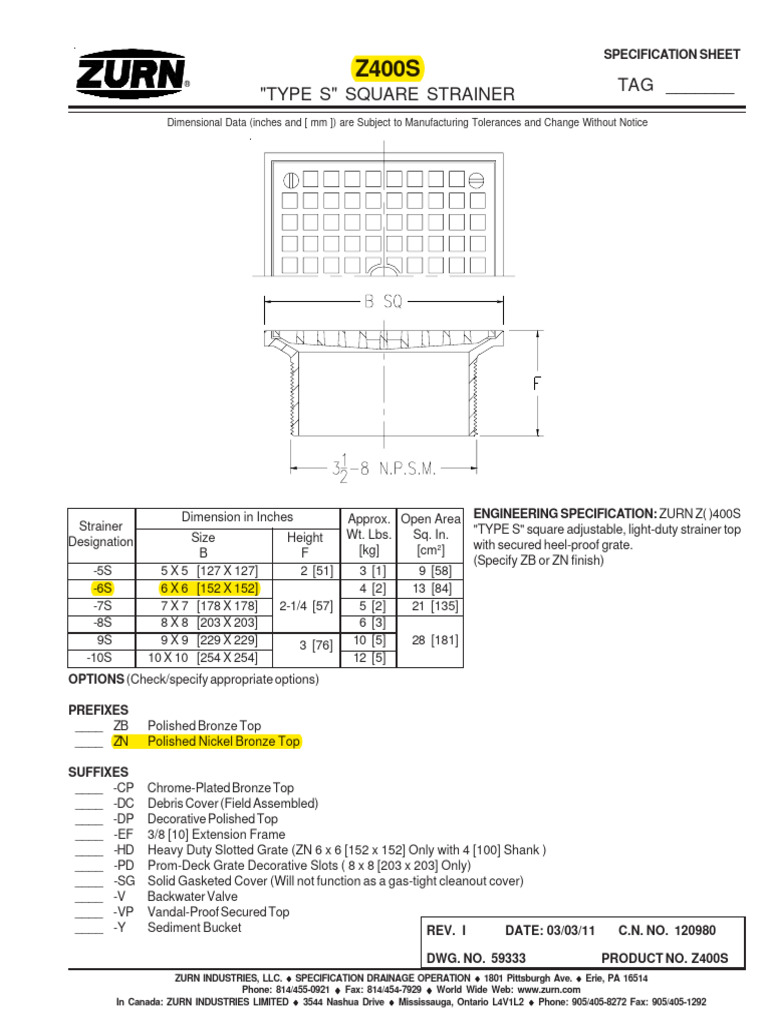 TAG - "Type S" Square Strainer: Specification Sheet | PDF
