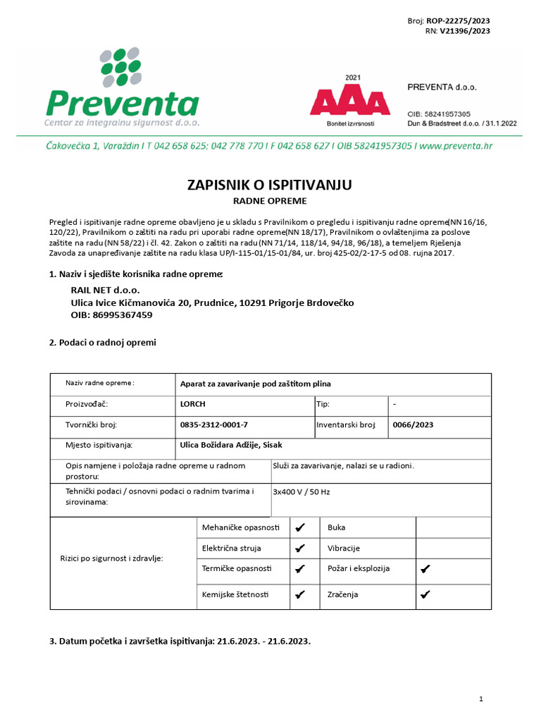 2023-06-21 RN - PREVENTA Zapisnik o Ispitivanju Radne Opreme - Aparat Za Zavarivanje Pod ...