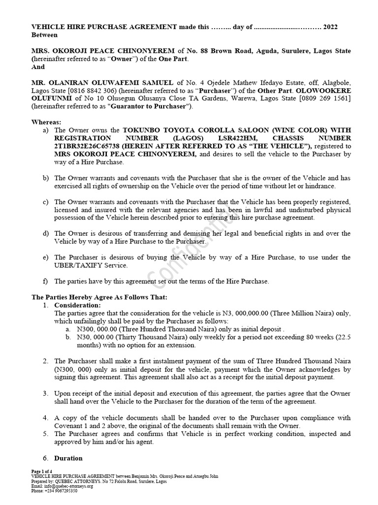 2ND Vehicle Hire Purchase Agreement MRS Peace | PDF | Repossession ...