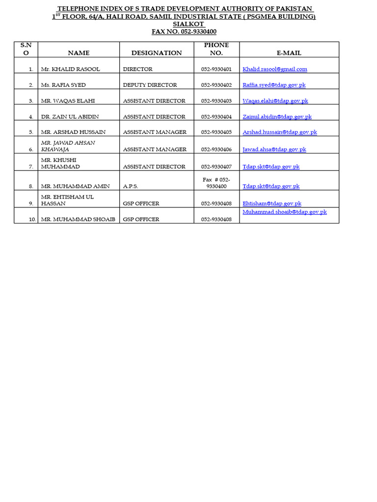 Telephone Index of Tdap Sialkot. 1 | PDF