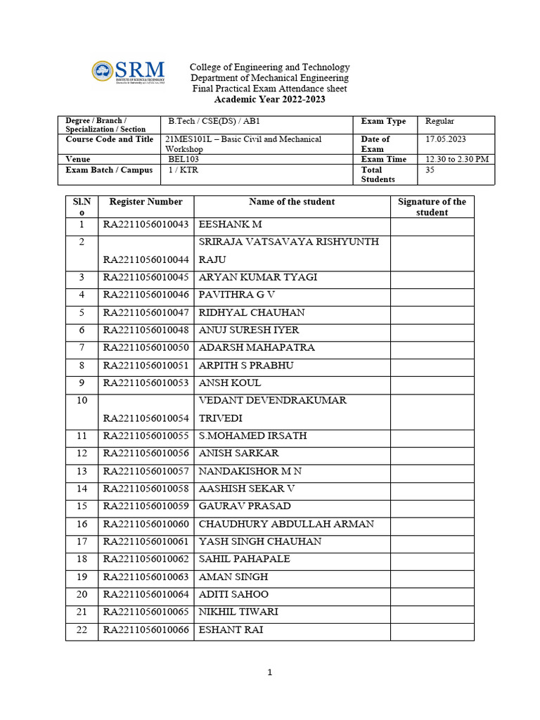 Workshop Practical Attendance Sheet | PDF