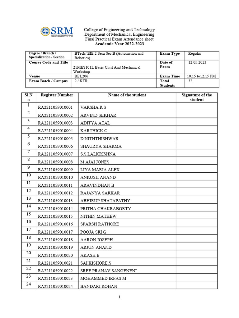 WORKSHOP Practical - Attendance Sheet BATCH2 | PDF | Engineering | Science