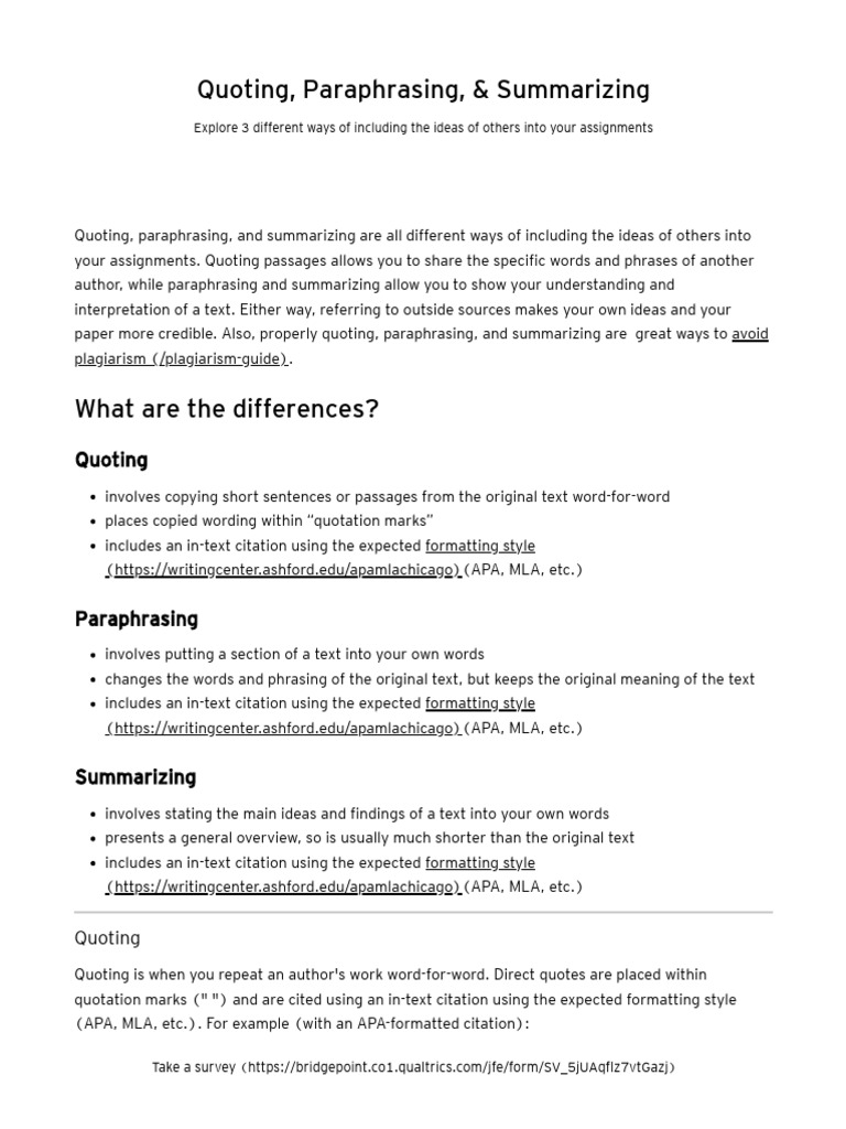 Quoting, Paraphrasing, & Summarizing _ Ashford Writing Center | PDF ...