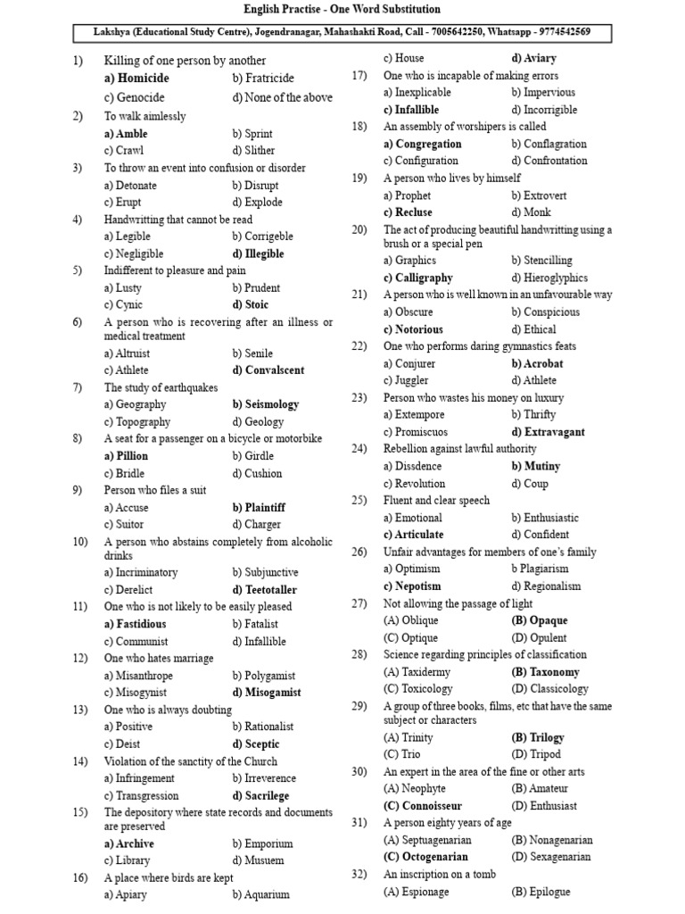 English - One Word Substitution 1 - Ans | PDF