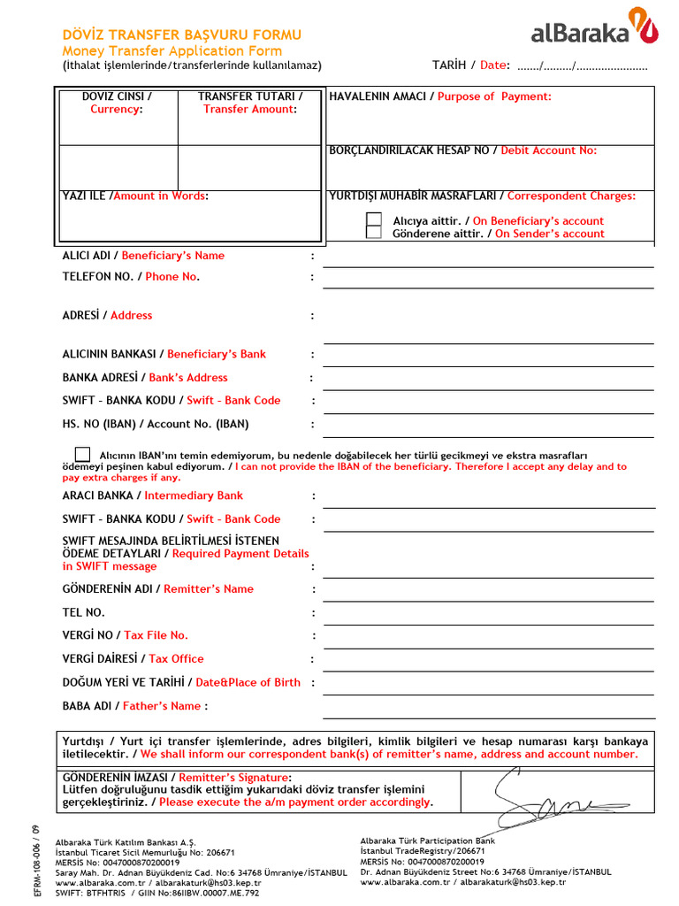Doviz Transfer Basvuru Formu Money Transfer Application Form | PDF