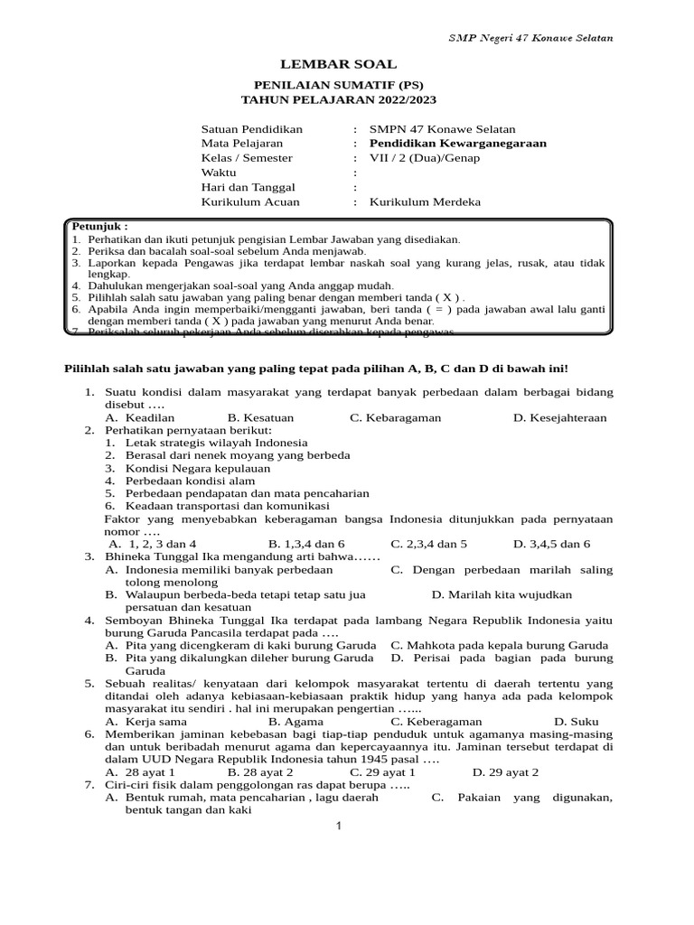 SOAL PPKN KELAS 7 KURMER GENAP 2023 | PDF | Ilmu Sosial | Politik