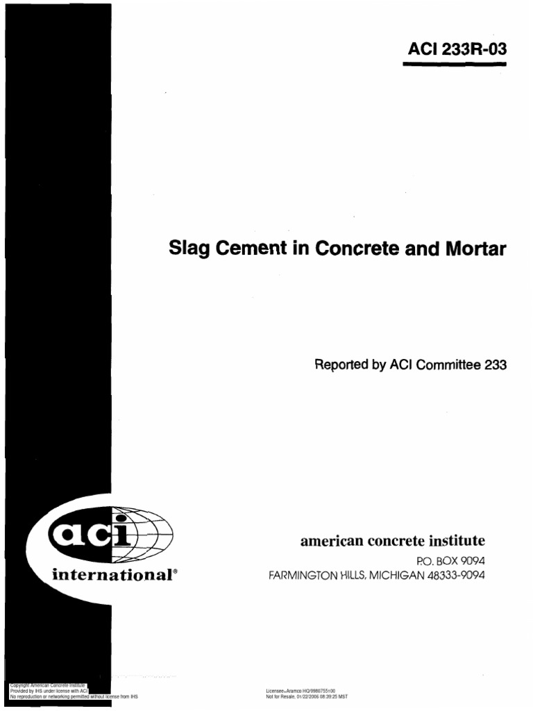 ACI 233 (2003) Slag Cement in Concrete and Mortar | PDF | Cement | Concrete