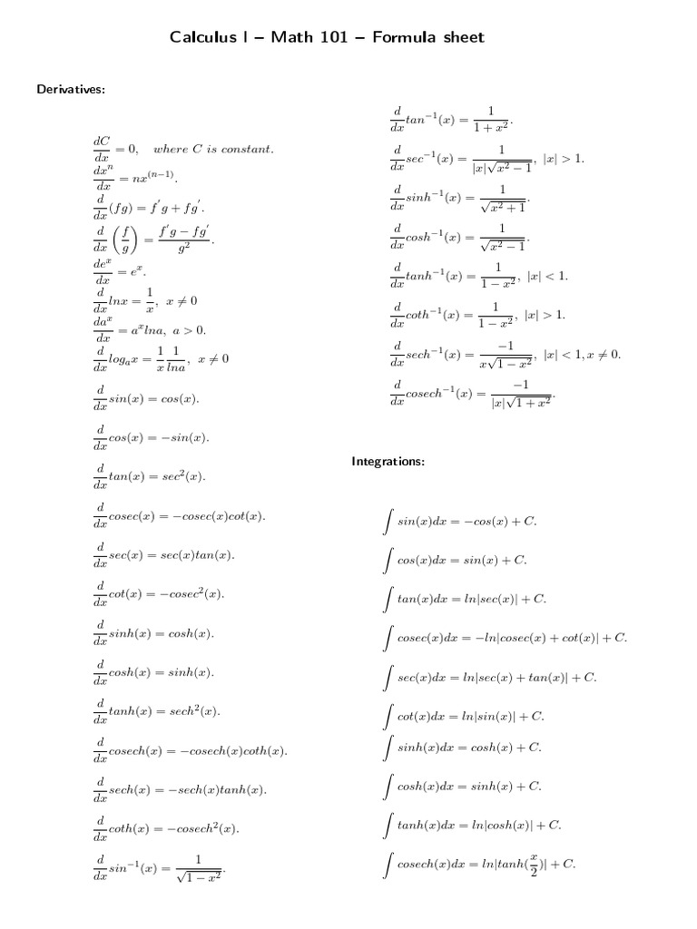 Math 101 Final Formula Sheet | PDF | Mathematics | Mathematical Objects